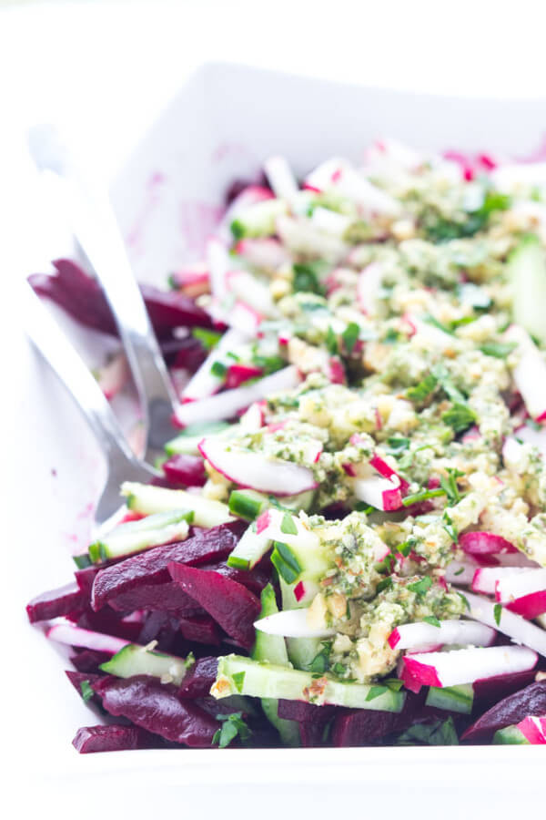 Beet, Cucumber, and Radish Salad with Basil Pesto Vinaigrette - Little ...